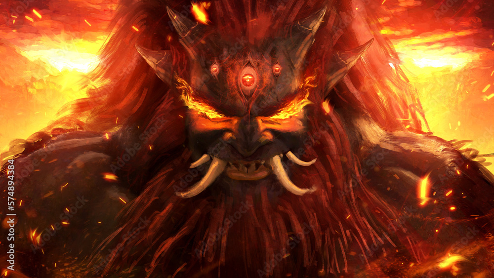 creepy portrait of a sinister Japanese demon with horns and long fangs ...