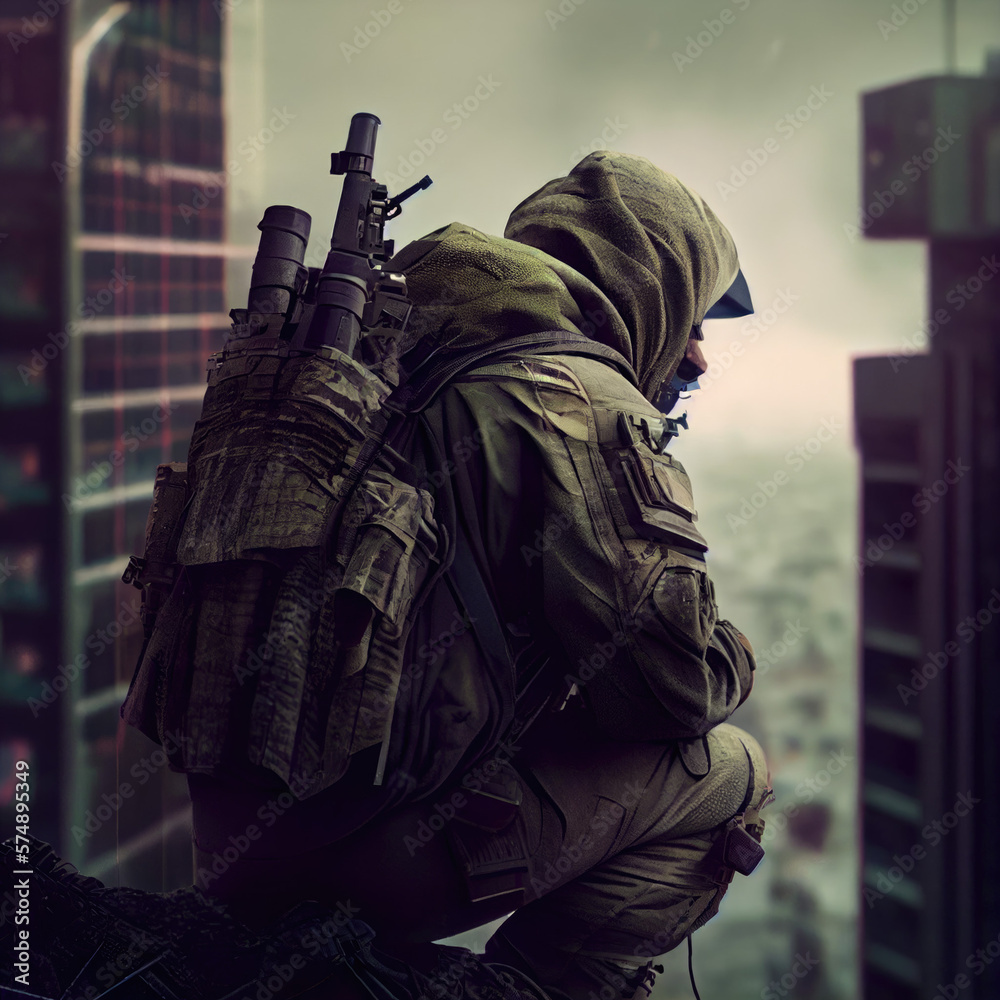 Military Sniper soldier standing on the top of a high building in a ...