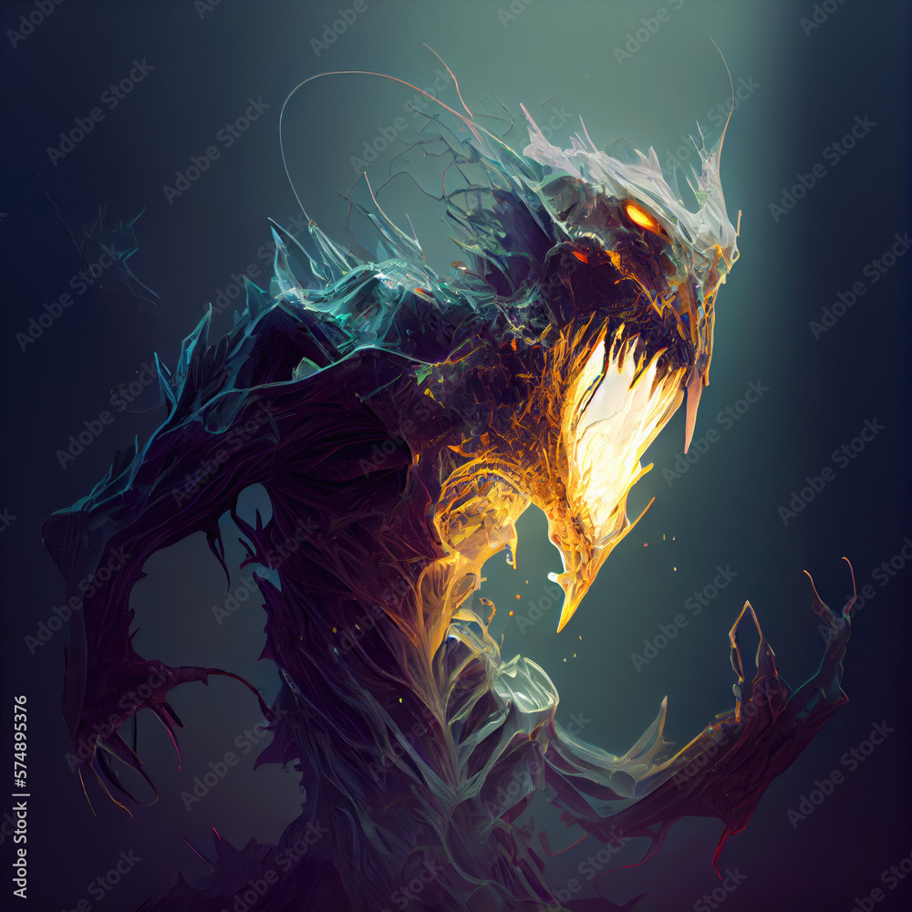 Scary demon which came from the depths of hell with grotesque face ...