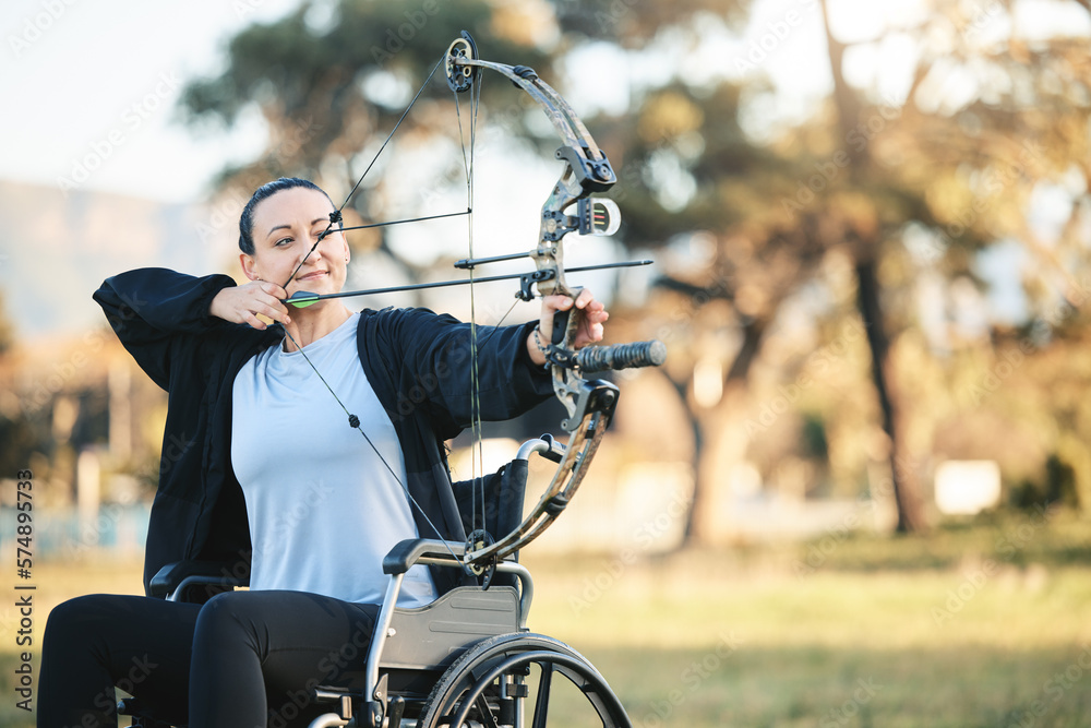 Disabled sports woman, outdoor archery in wheelchair and challenge with ...