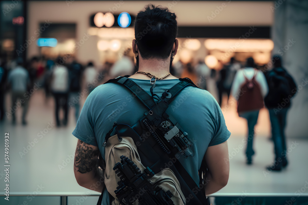 Man with a machine gun firearm in a shopping mall with many people ...