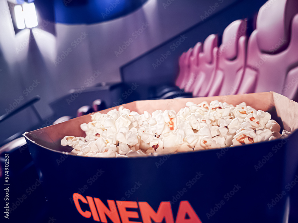 Cinema and entertainment, popcorn box in the movie theatre for tv show ...