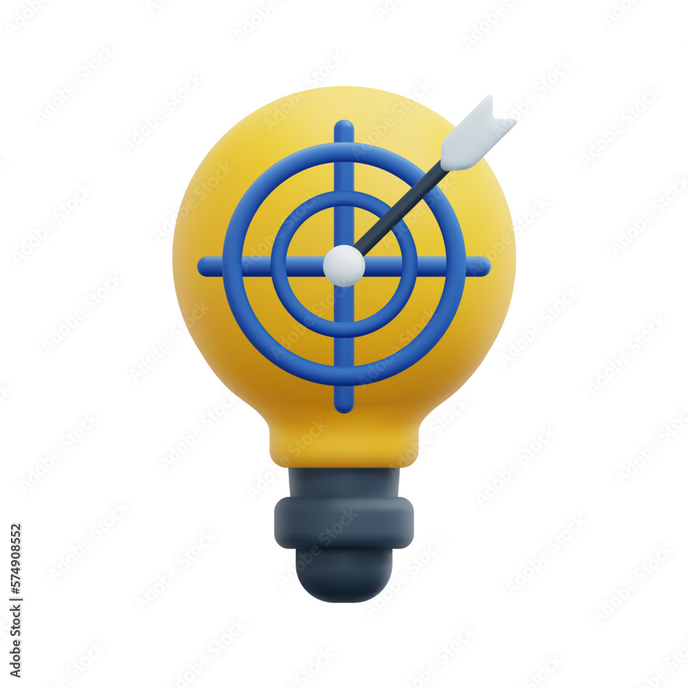 3d light bulb with target and arrow inside icon vector. Concept of ...