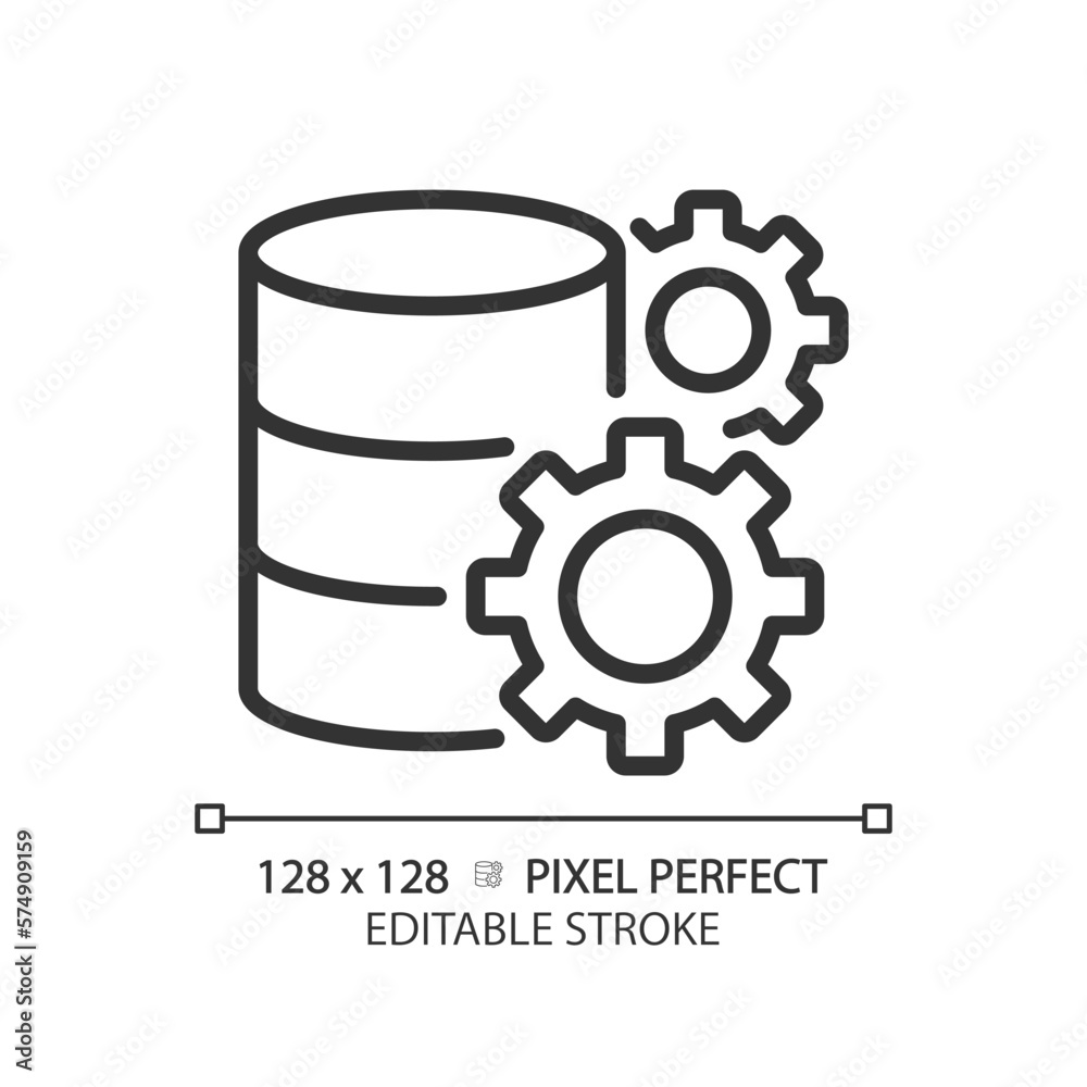 Data settings pixel perfect linear icon. Database configurations. Storage adjustment. Digital ...