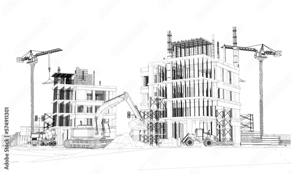 Building construction plan facades with machinery architectural sketch ...
