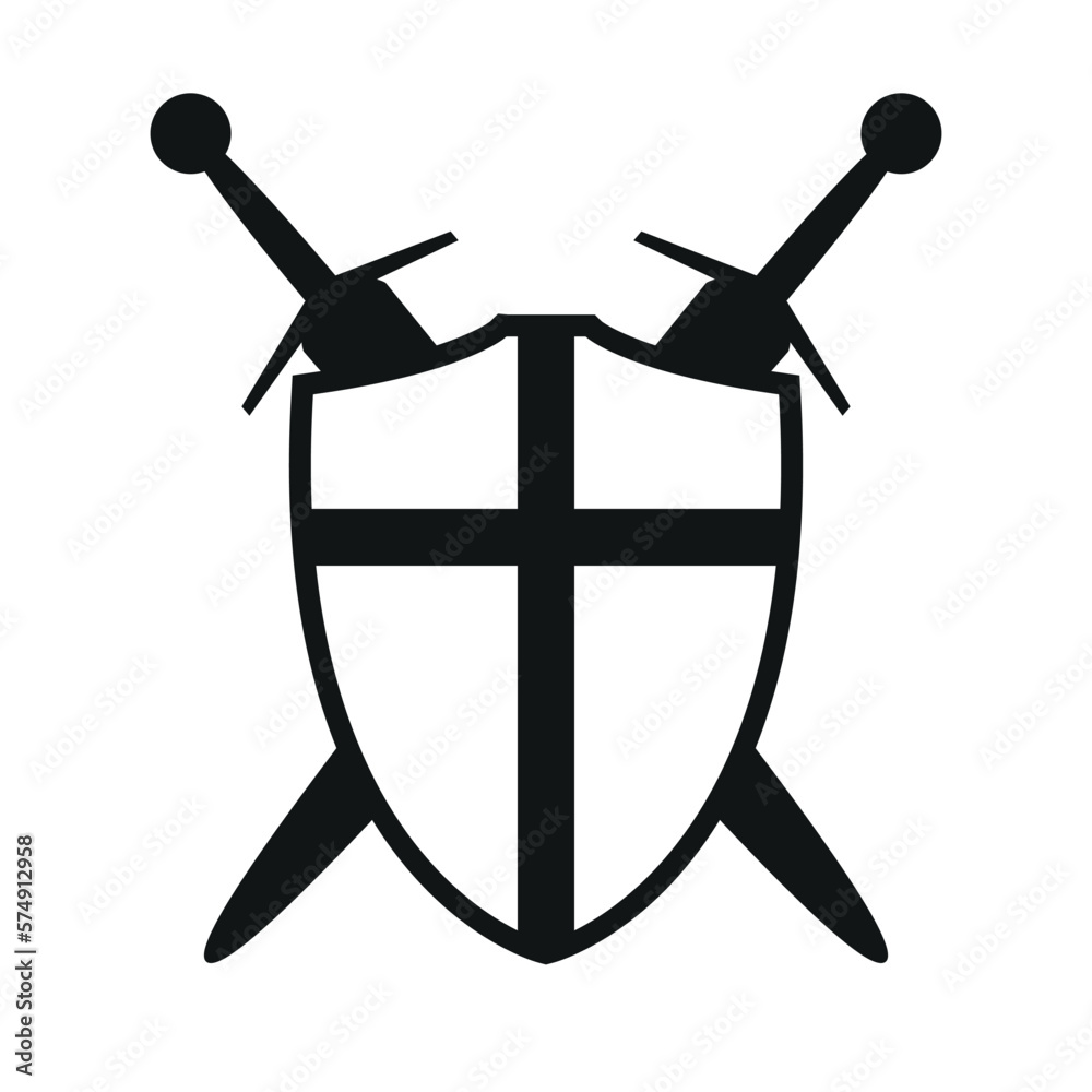 shield with cross and two crossed swords symbol, vector illustration of ...