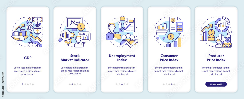 Economic indicators onboarding mobile app screen. Analytics walkthrough ...