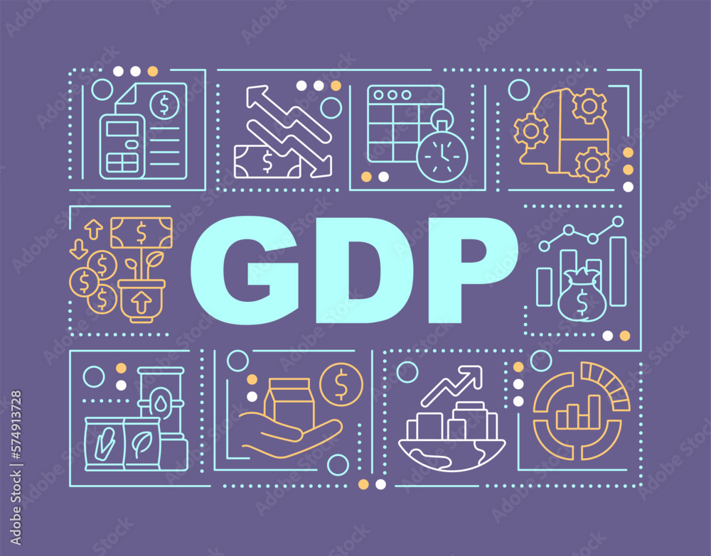 GDP word concepts dark purple banner. Economic indicator. Infographics ...