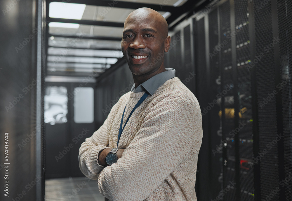 Black man, IT technician in server room and portrait with smile ...