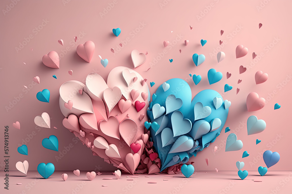 Love Takes Flight: Pink and Blue Hearts Soar on Soft Pink Background ...