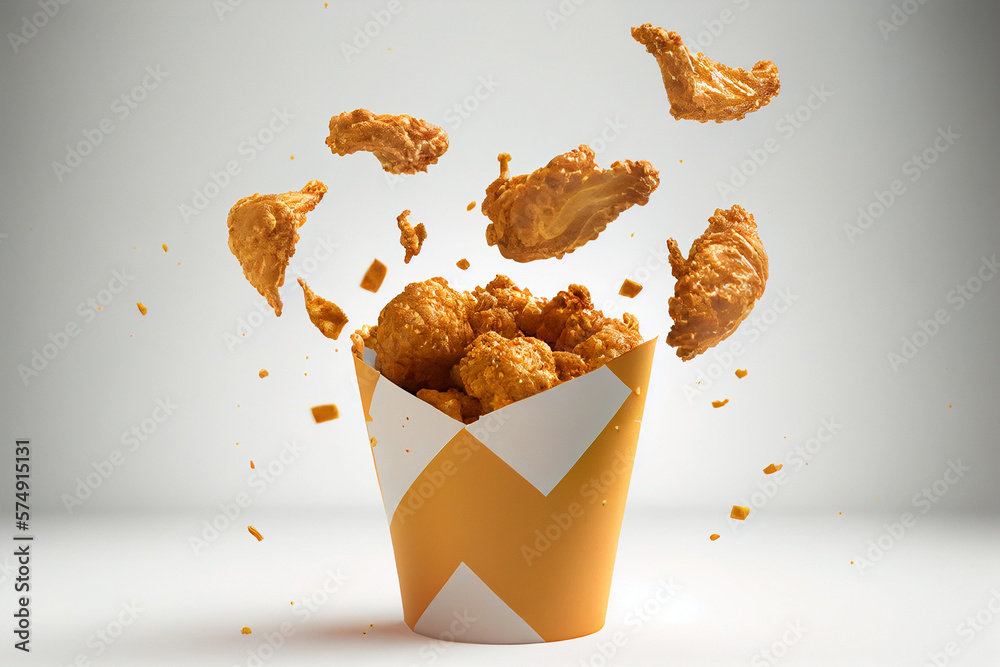 Fried chicken flying on paper bucket isolated on white background ...