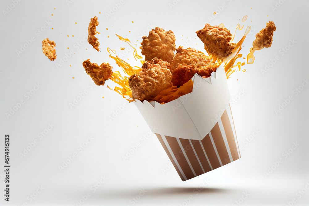 Fried chicken flying on paper bucket isolated on white background ...
