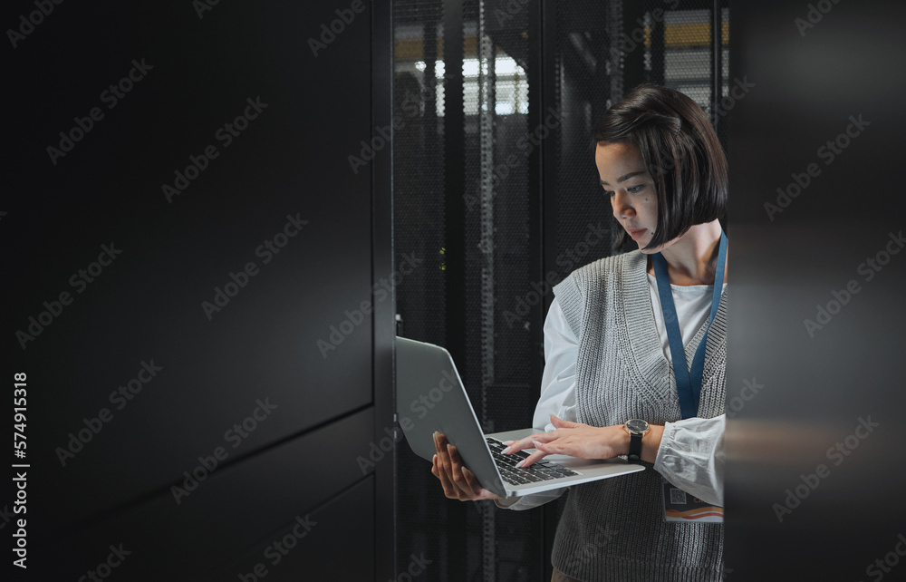 Woman with laptop, datacenter and information technology, engineer and ...