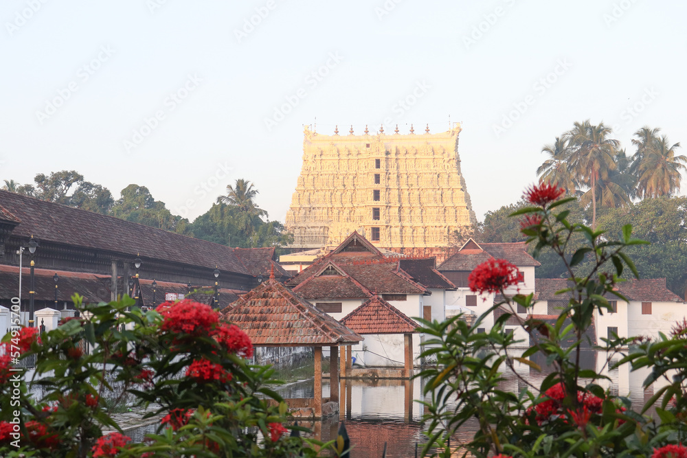 Morning view of Padmanabha swamy temple with flowers Stock Photo ...