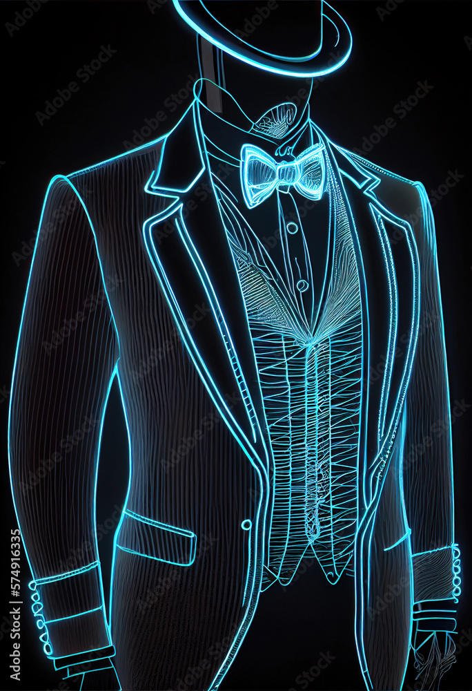Formal tuxedo in neon contour lines advertisement and shop logo design ...