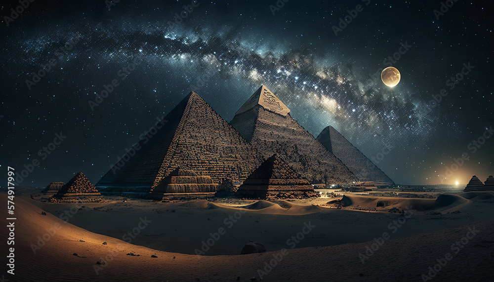 Night view of the Pyramids of Giza and the Milky Way. Generative AI ...