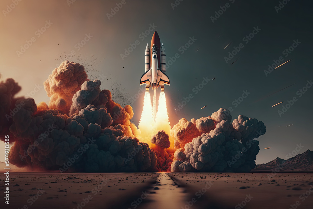 Rocket taking off and flying with copy space. Generative AI Stock ...