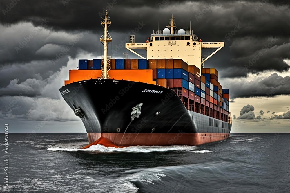 Renaissance Portrait of Menacing Cargo Ship on Ocean with Shipping ...
