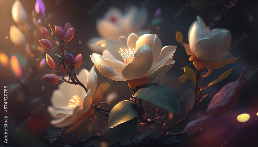 light effects under the spectrum of beautiful Scylla magnolia flowers ...