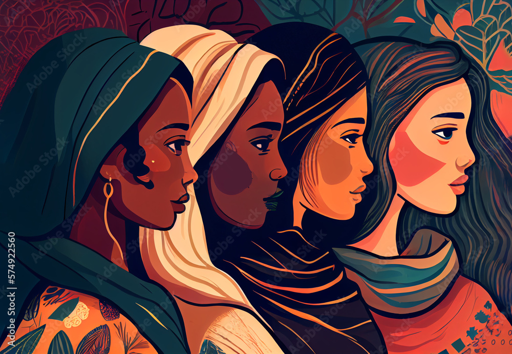 Four women of different nationalities and cultures standing together ...