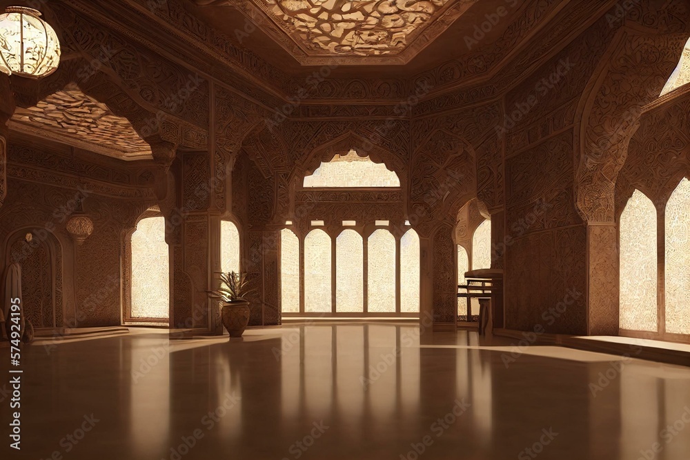 Fantasy interior Turkish baths. Traditional Arabic interior with plants ...