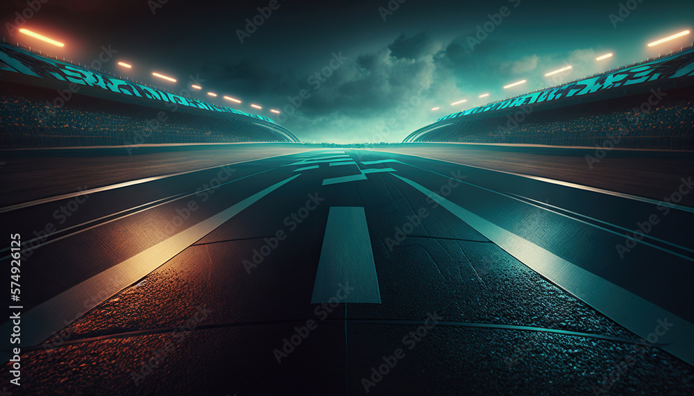 Asphalt racing track finish line and illuminated race sport stadium at ...