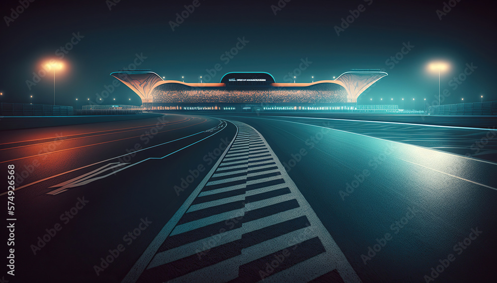 Asphalt racing track finish line and illuminated race sport stadium at ...