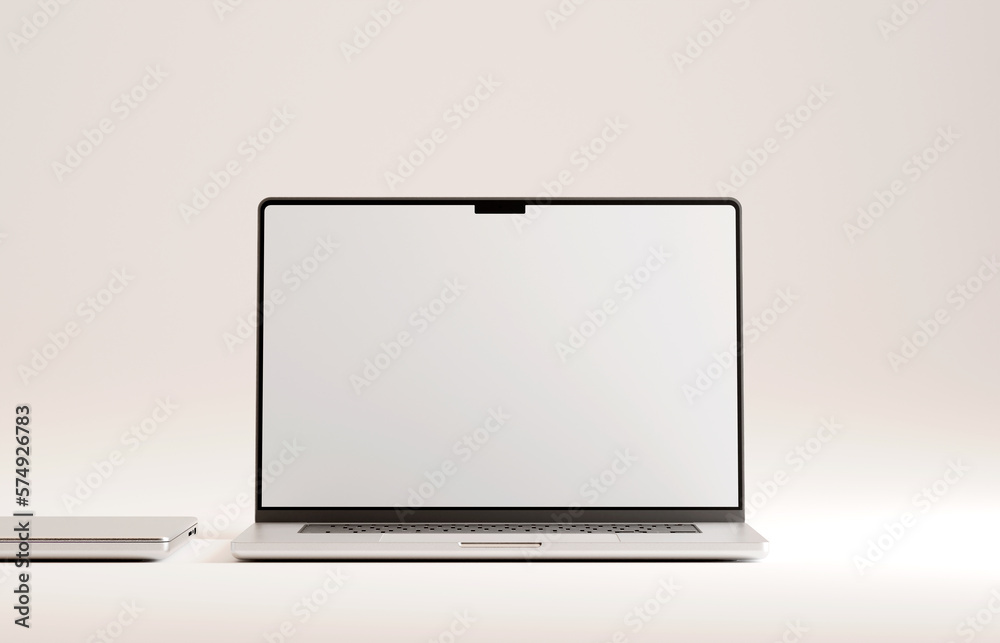 Two laptops on blank white studio background. One open screen, one ...