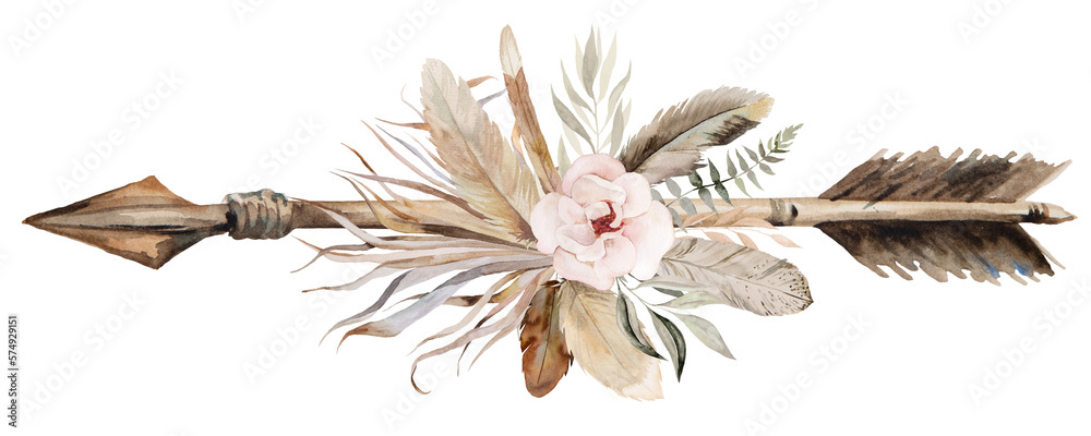 Watercolor arrow with tropical leaves and flowers bouquet, brown and ...