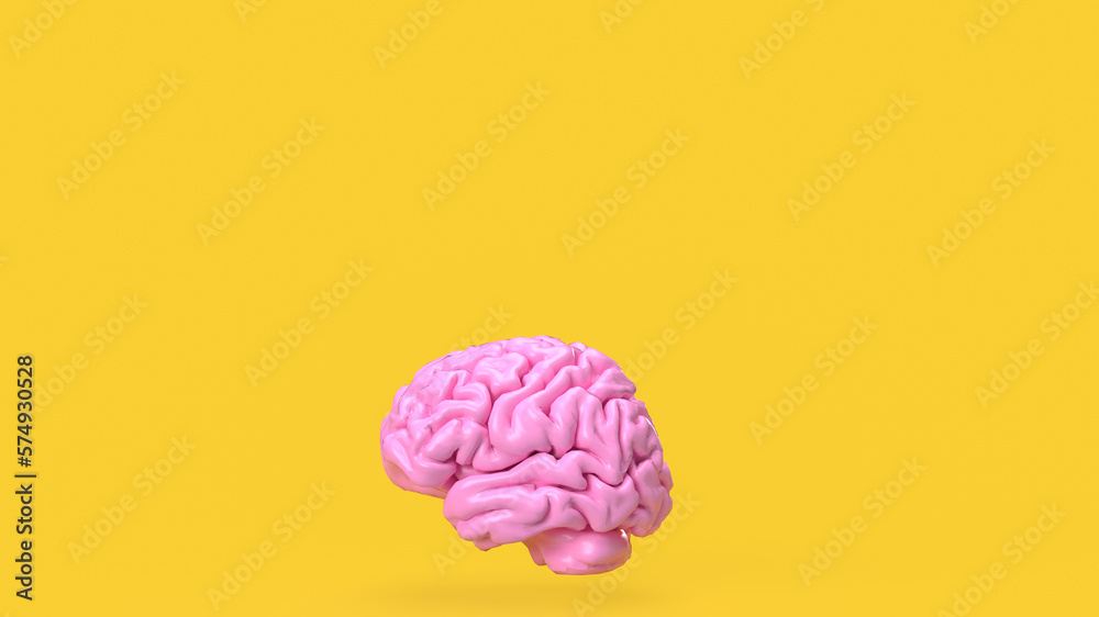 The pink brain on yellow background for creative or idea concept 3d ...