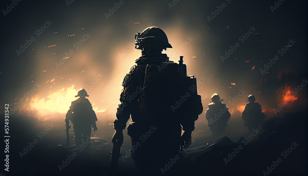 War Concept. Military silhouettes fighting scene on war fog sky ...