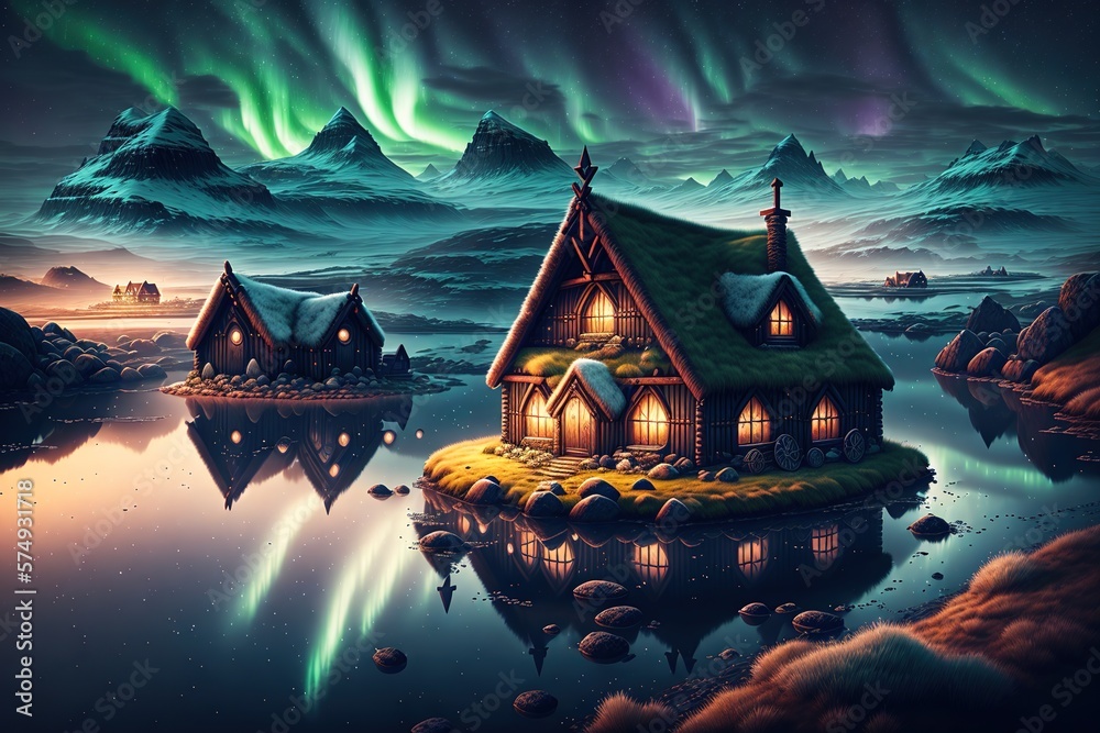 Viking houses in a viking landscape by water with northern lights in ...