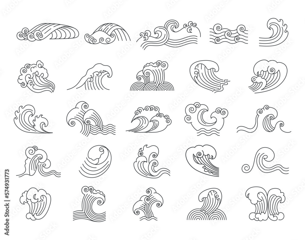 Japan sea wave, asian pattern. Oriental ornament elements, Thai graphic ...