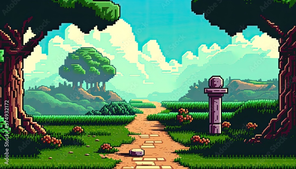 Forest and road game background pixel art, generative ai Stock ...