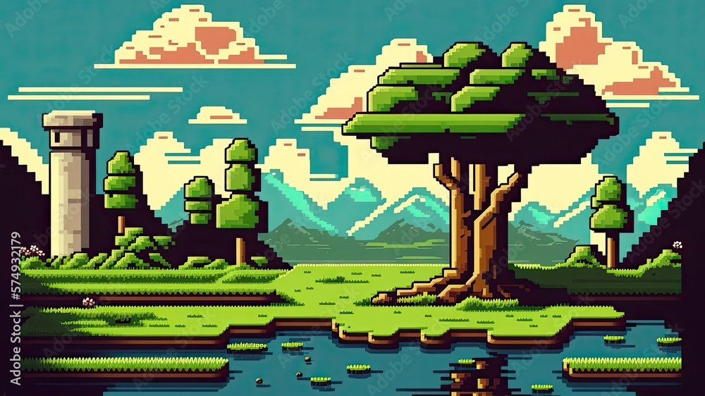 Jungle and water game background pixel art, generative ai Stock ...