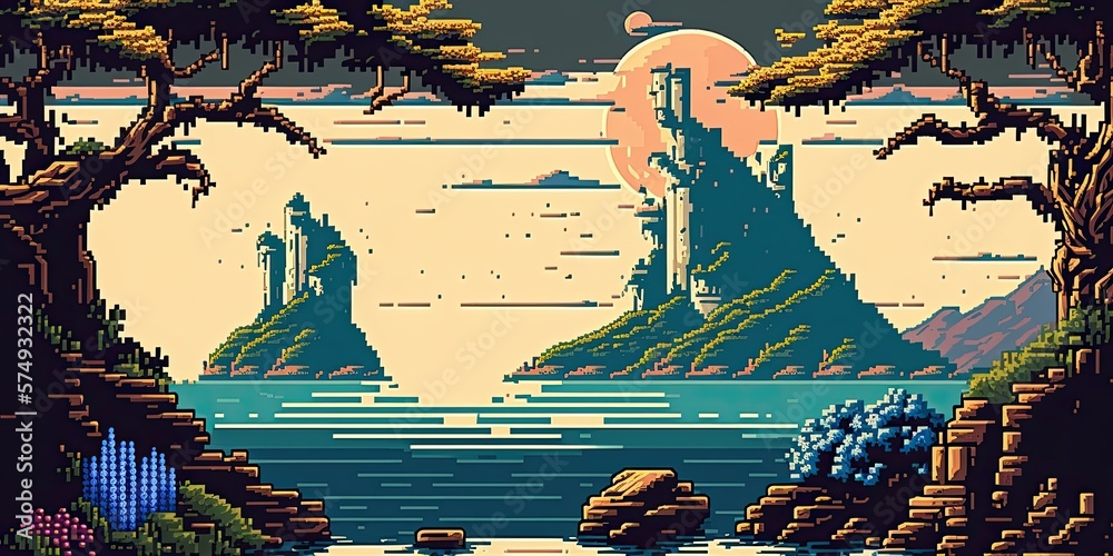 Isolated island kingdom game background in pixel art, generative ai ...