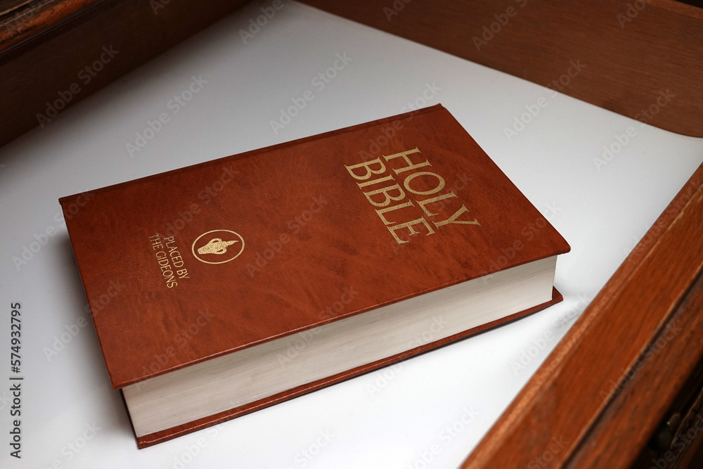 Nottingham_UK_ 20_02_2023 - A Gideon bible placed in a hotel drawer for ...