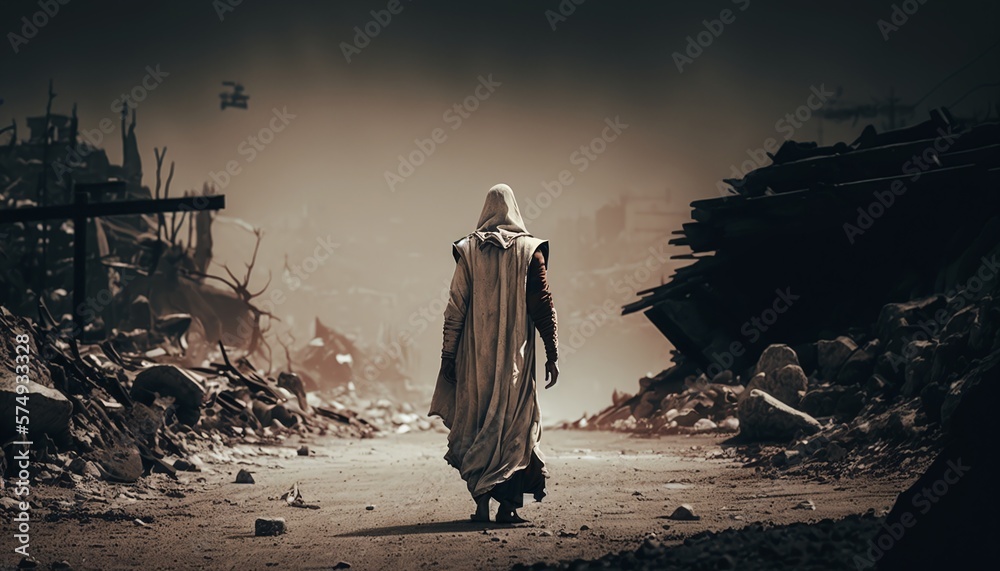 Jesus in the Shadows Walking in a Destroyed City Generated by AI Stock ...