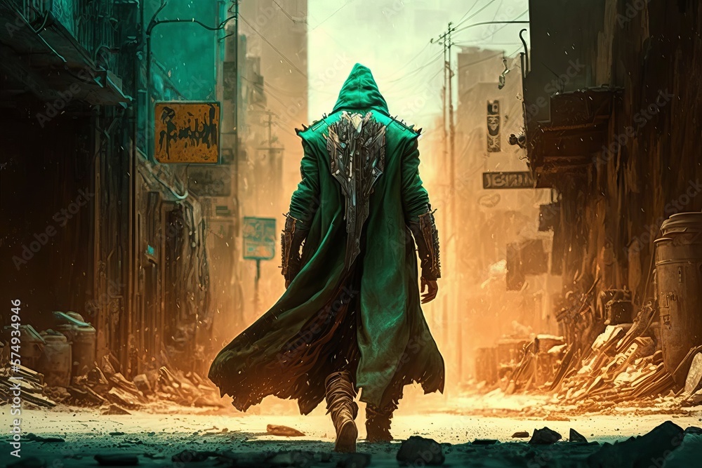 apocalyptic western, a gunslinger in a worn malachite trench coat ...