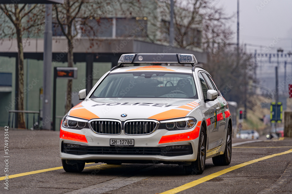 Front view of parked white BMW police car of police force of Swiss ...