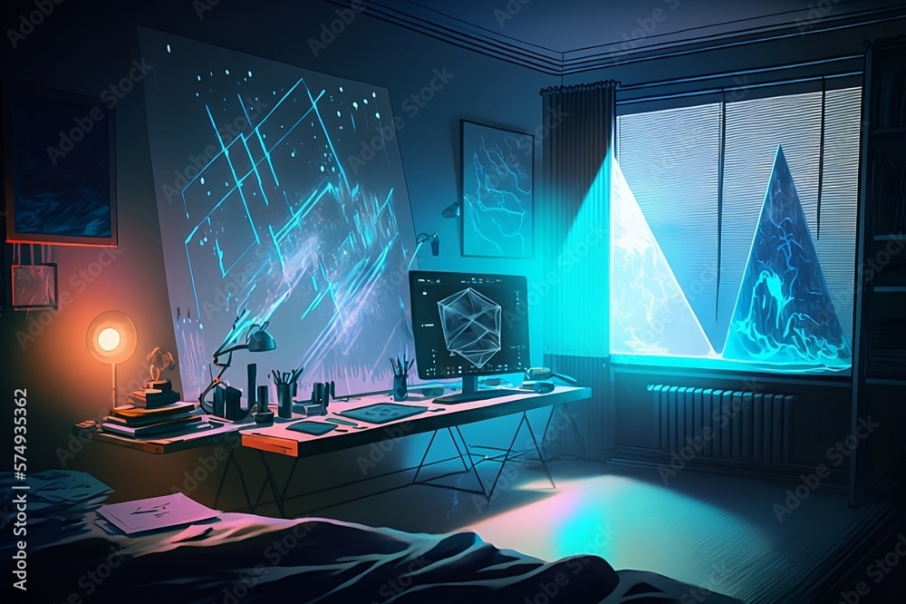 Analytics Room with blue light with a computer in the bedroom Stock ...