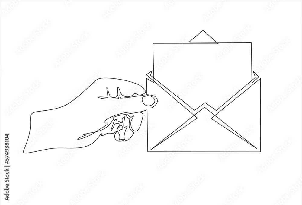 One continuous line drawing of hand holding open envelope with a letter ...