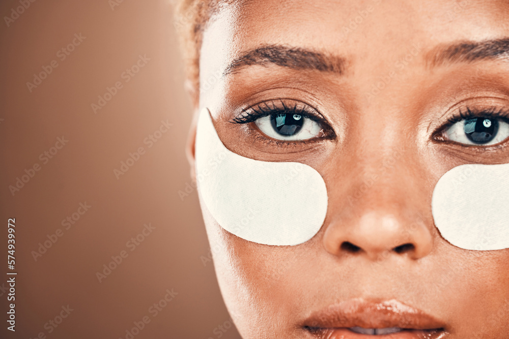 Eye patch, black woman and portrait for beauty on a mockup background ...