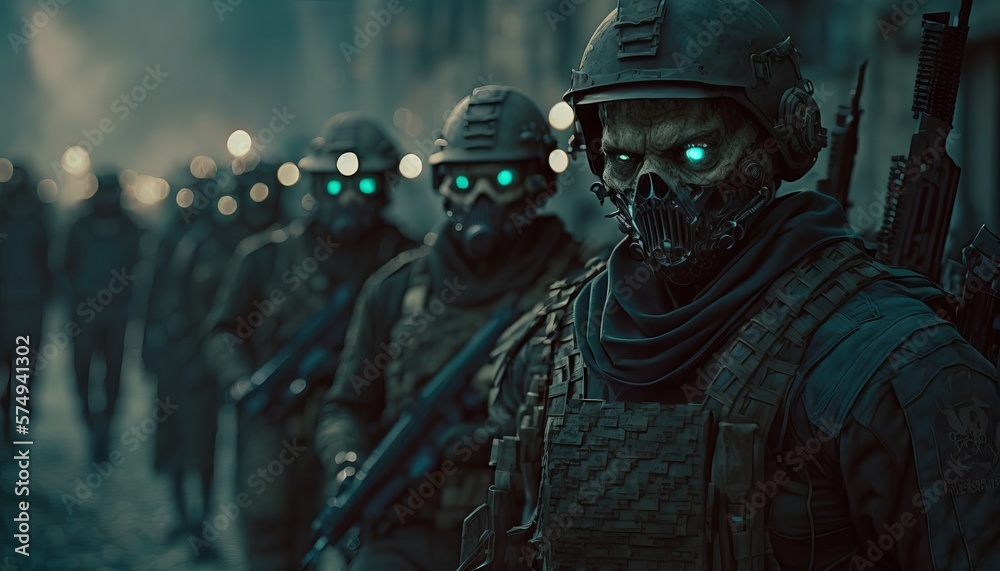 Evil zombie soldier army all with massive guns lined up in ranks ...