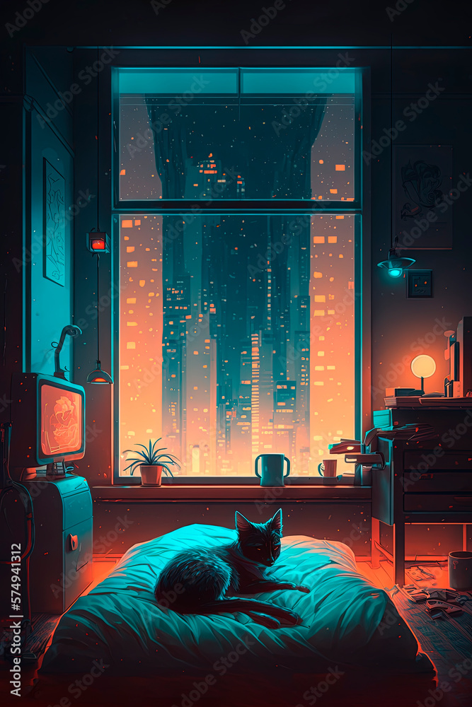 Cat sitting on a bed in front of a window. Cyberpunk. Generative AI ...