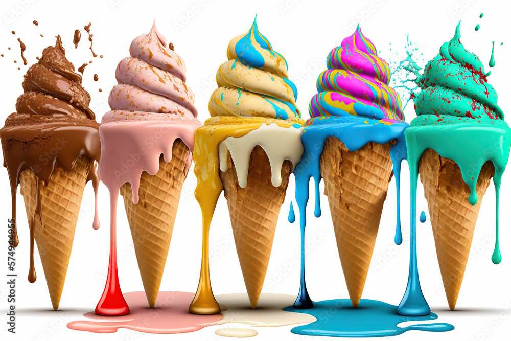 Levitation five ice cream cones on white background, sweet ice cream ...