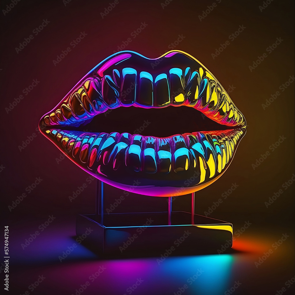 Neon lips with backlight on the dark background, Glossy lips, concept ...