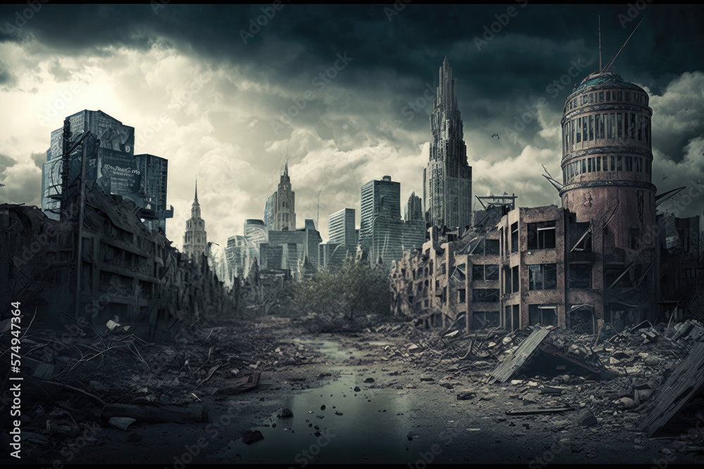 Apocalyptic view of destroyed world, post apocalypse after world war ...
