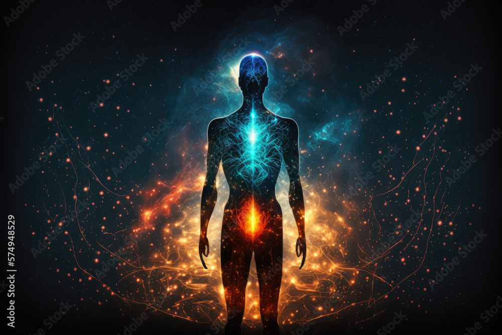 Astral body silhouette with abstract space background. Esoteric ...