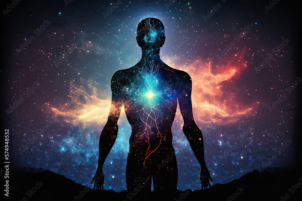 Astral body silhouette with abstract space background. Esoteric ...